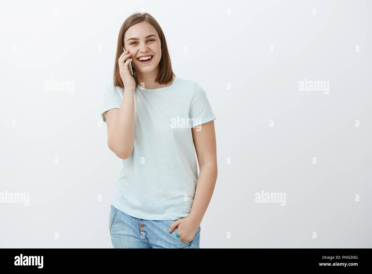 Girl can talk on phone like forever. Portrait of charming happy and ...
