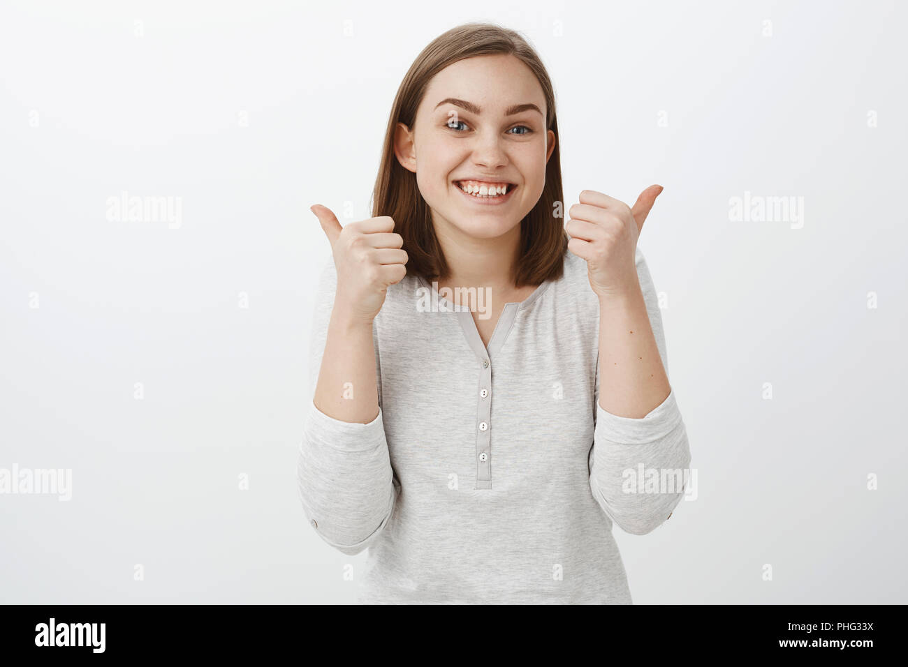 Keep up you doing great. Portrait of charming friendly-looking woman ...
