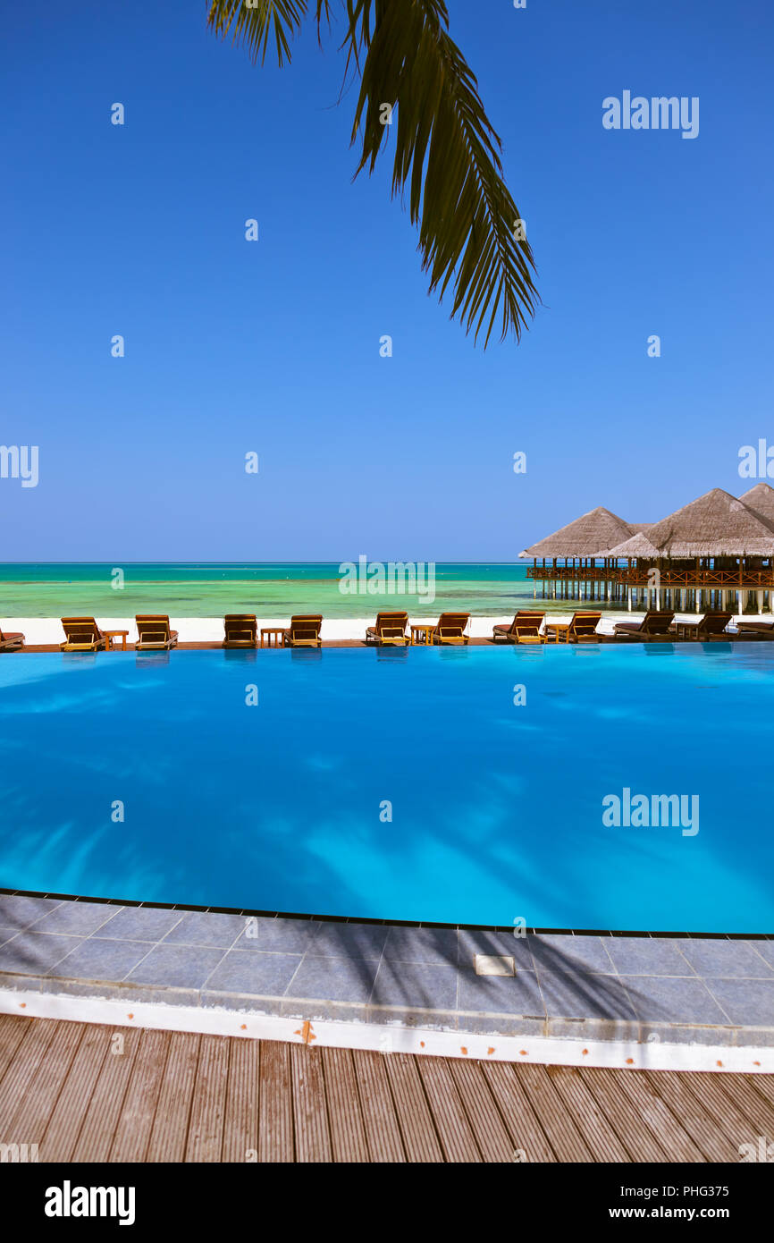 Pool and cafe on Maldives beach Stock Photo - Alamy