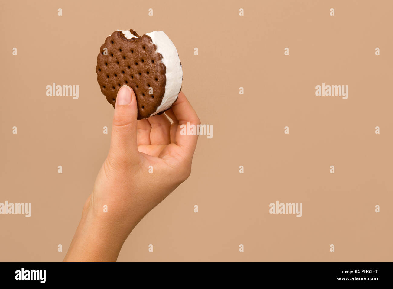 Eatging delicious ice cream sandwich. Traditional russian ice cream ...