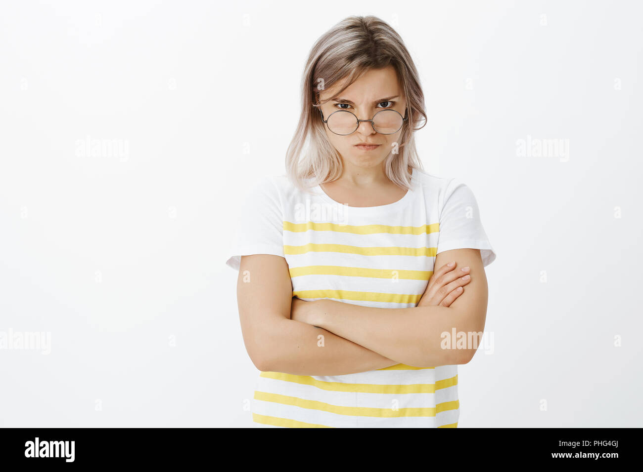 Portrait of blameful outraged woman being offended and angry on ...