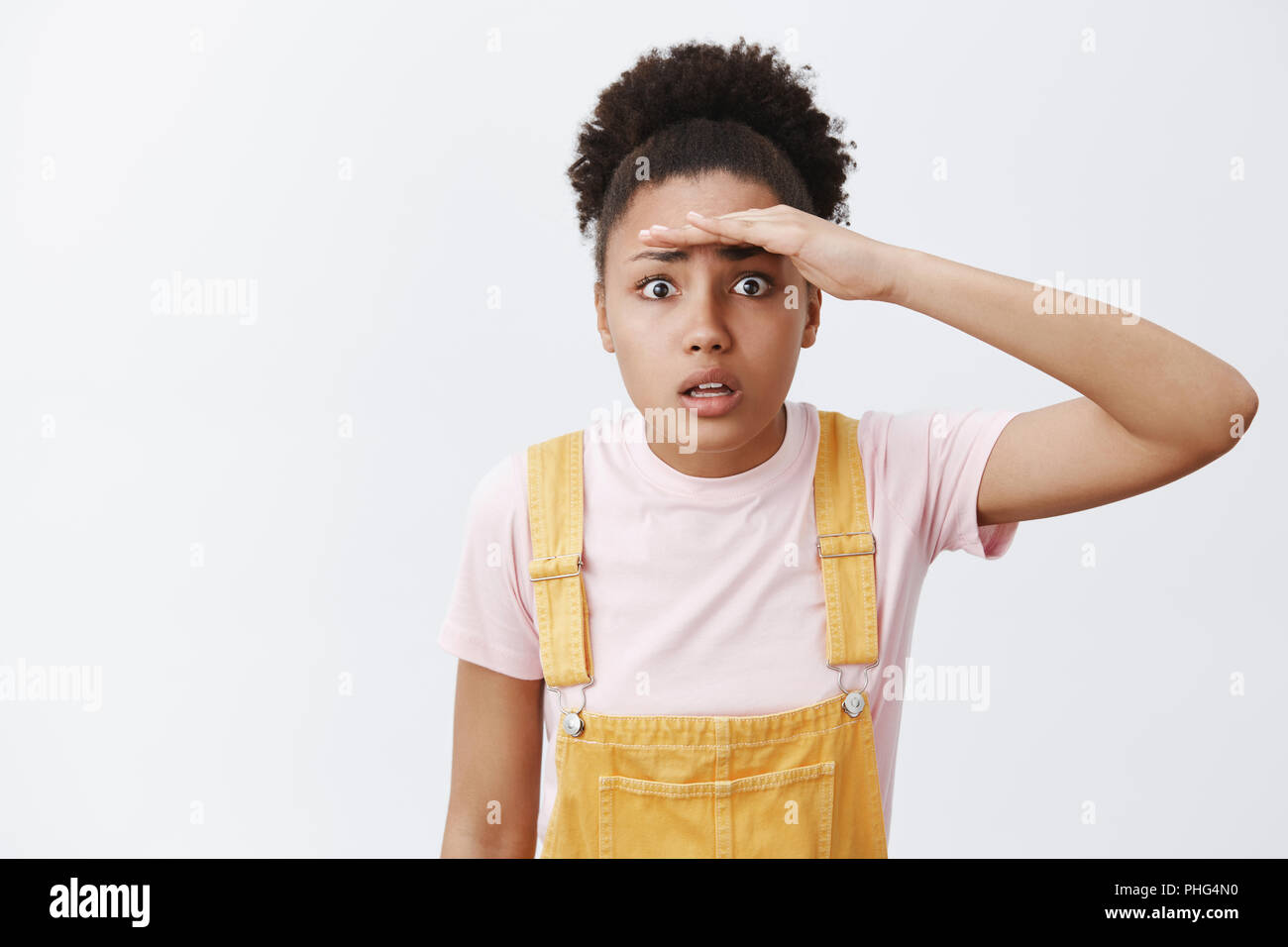 Woman trying see through sick fog. Portrait of worried and confused ... Woman trying see through sick fog. Portrait of worried and confused ...