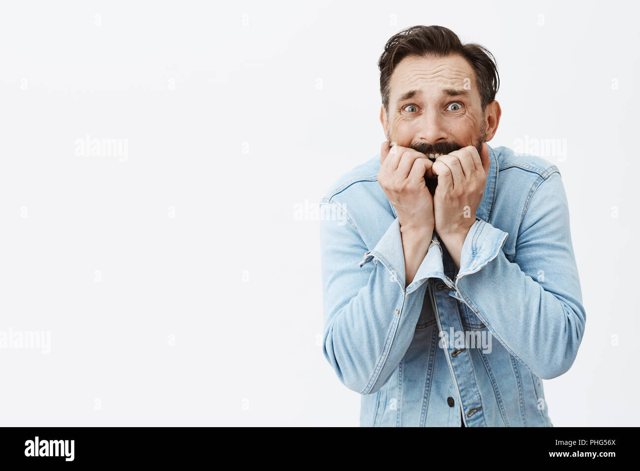 Gosh not again, most scary fear come alive. Portrait of shook and ...