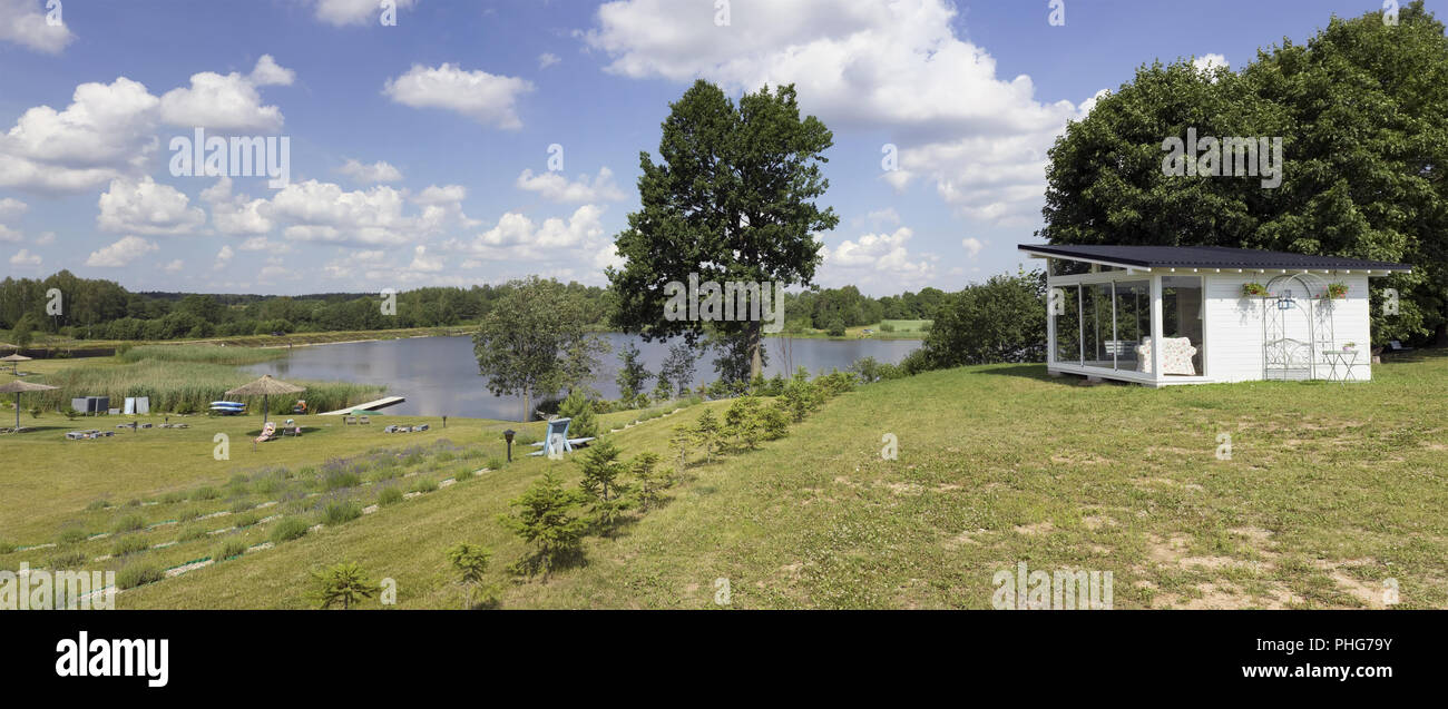 Lavender village and lake Stock Photo - Alamy