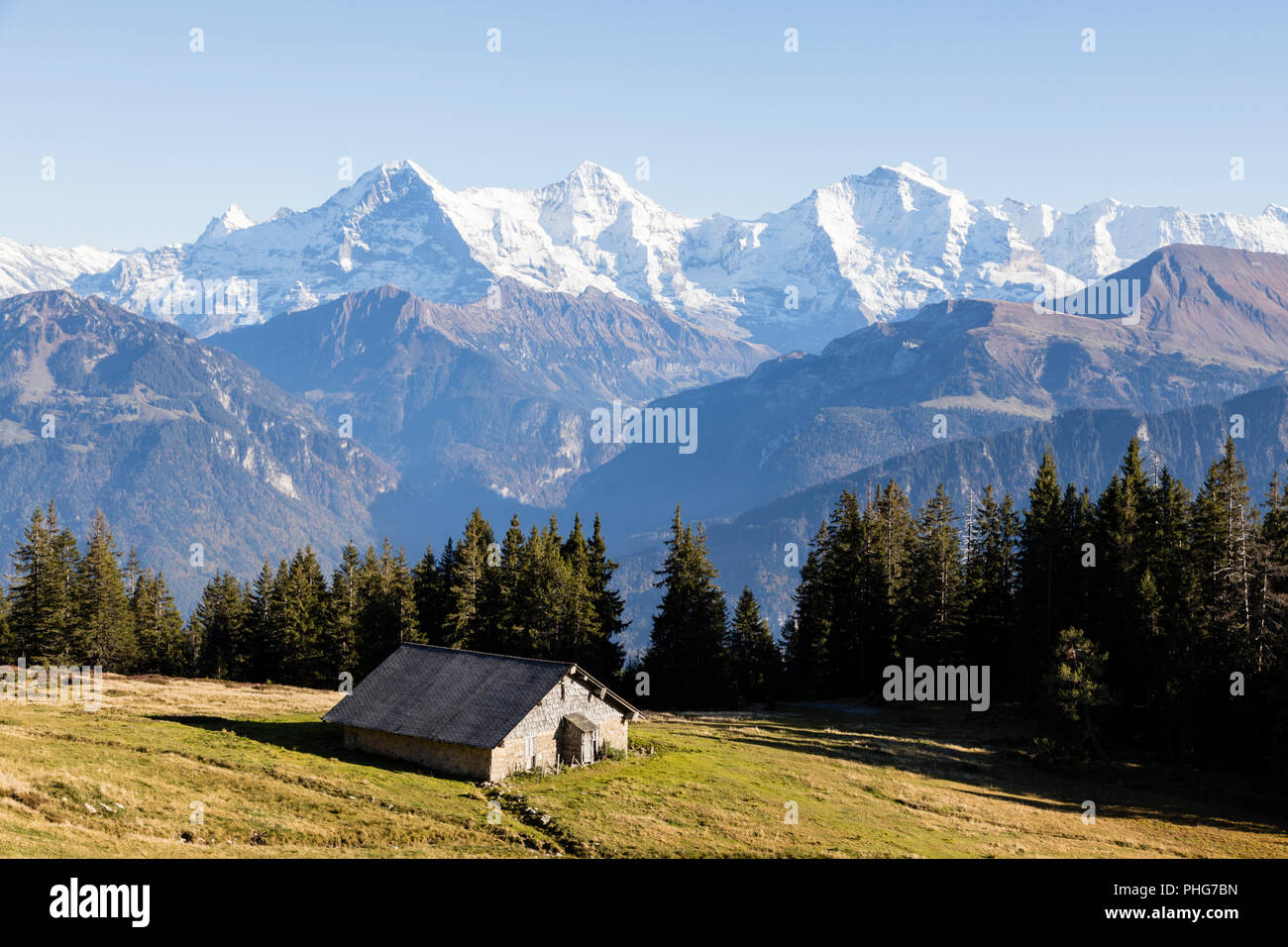 Autumn alpine landscape with huts on the Niederhorn in the Bernese ...