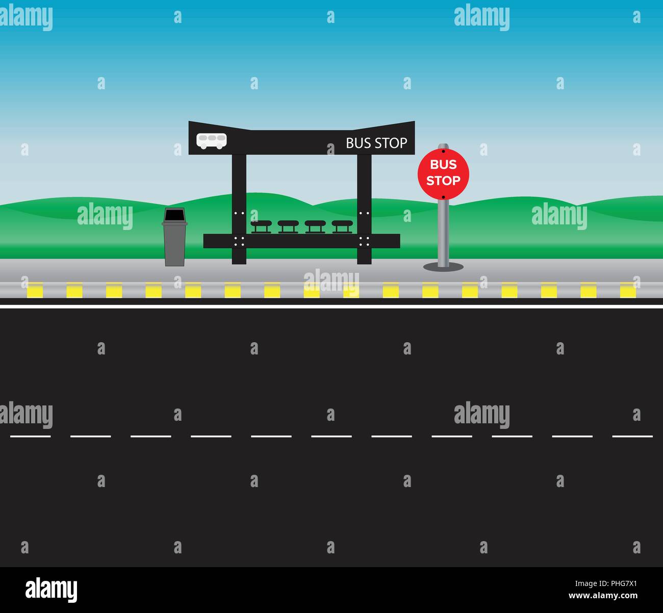 Bus Stop and Station with road and landscape background vector Stock ...