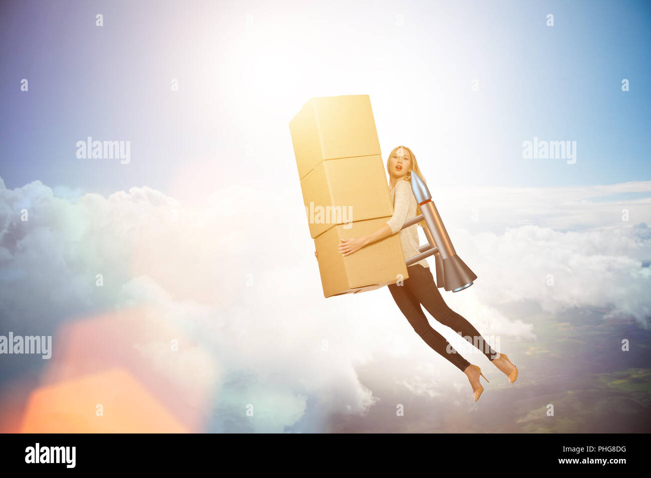 Woman in fast box delivery service on rocket hi-res stock photography ...