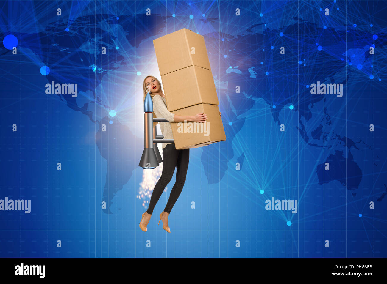 Woman flying jetpack and delivering boxes globally Stock Photo - Alamy
