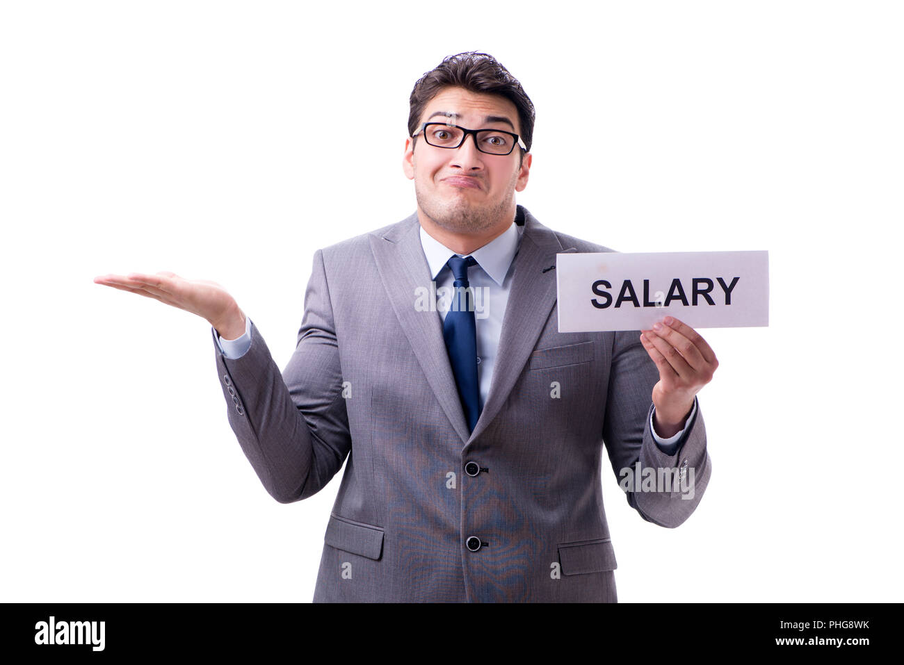 Businessman asking for salary increase isolated on white backgro Stock ...