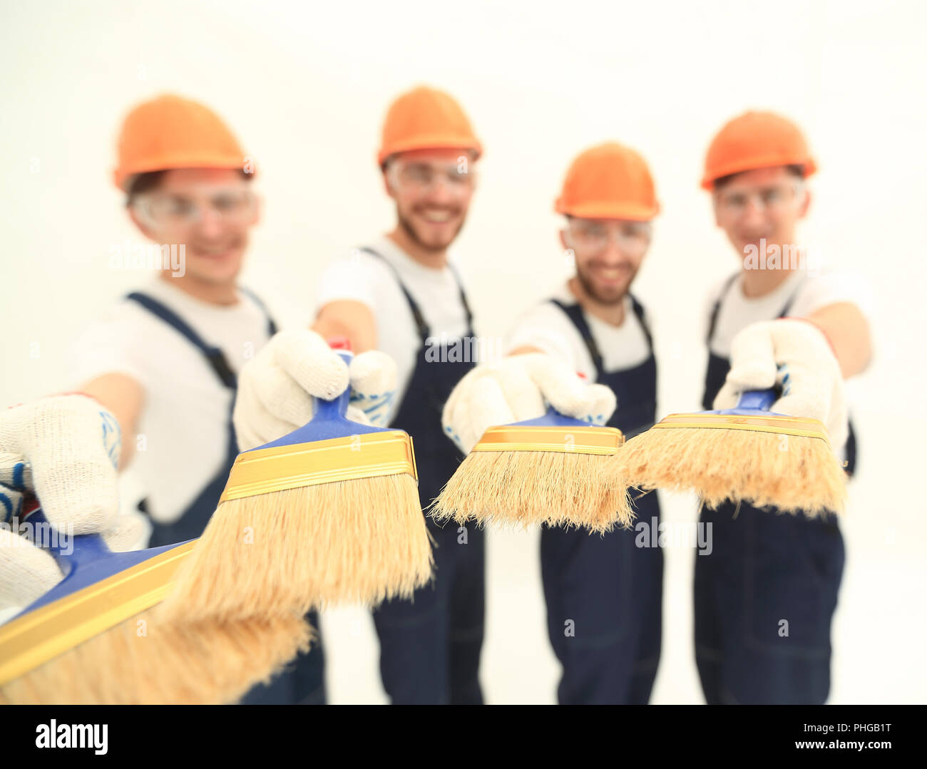group of builders with different tools Stock Photo - Alamy