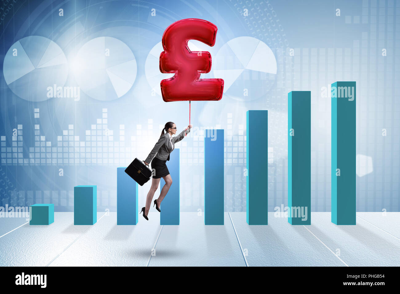 Businesswoman flying on british pound sign inflatable balloon Stock ...
