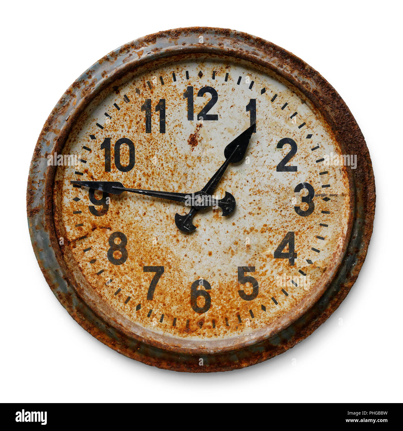 Very old worn and rusty round wall clock, isolated on white background ...