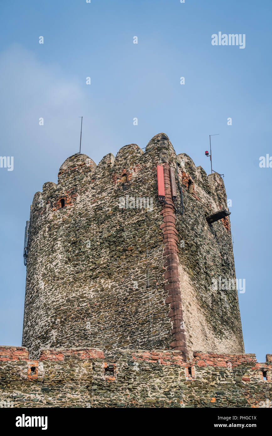 Tall lookout tower of the medieval Bolkow Castle Stock Photo - Alamy
