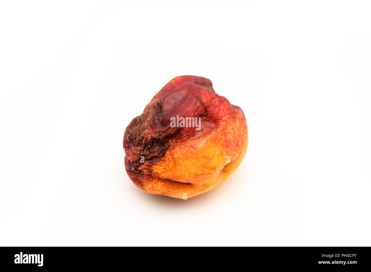 A picture of a rotten nectarine. The shape is deformed and it is ...