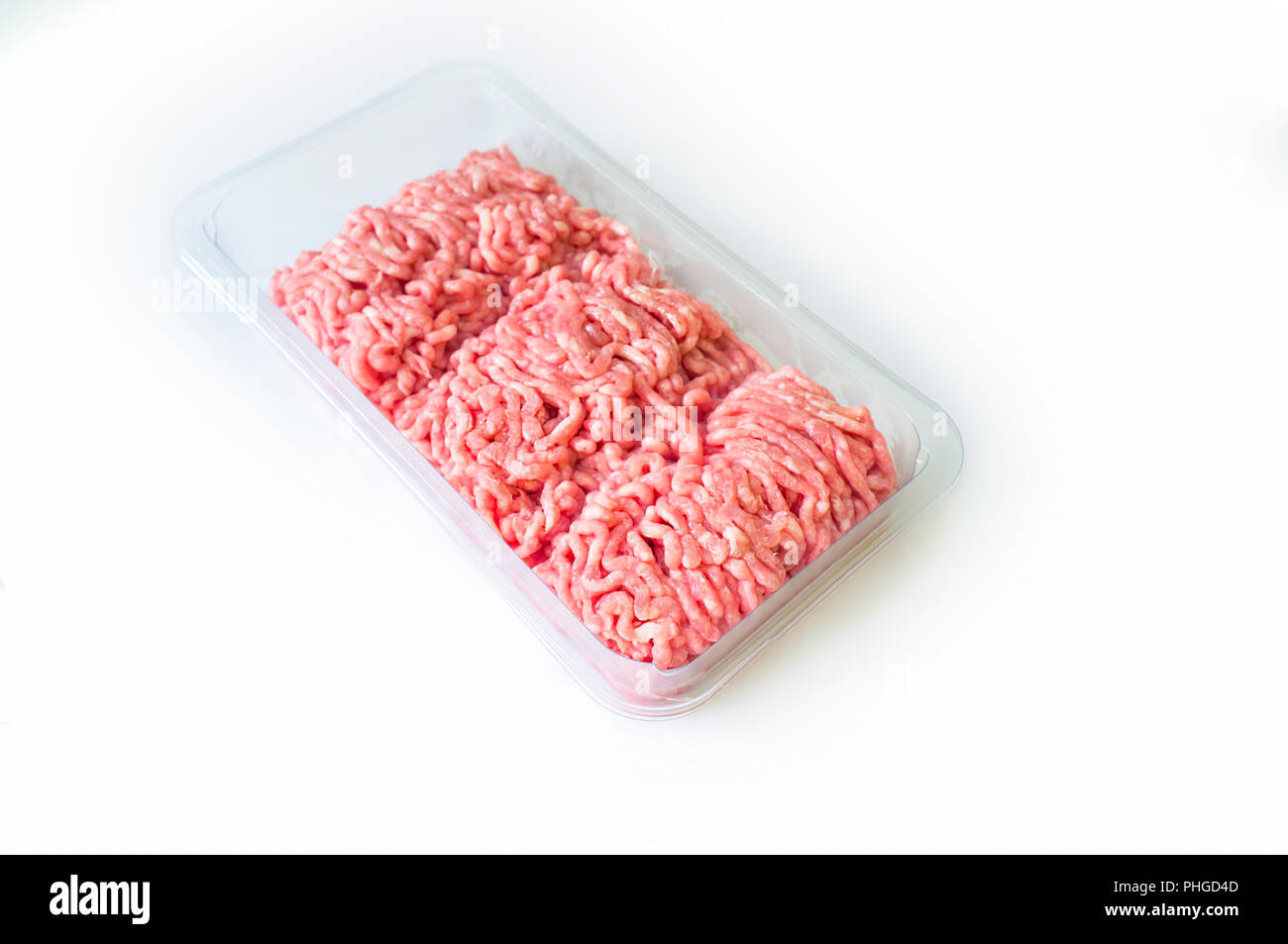 Package with fresh minced chicken meat. Isolated over white background ...