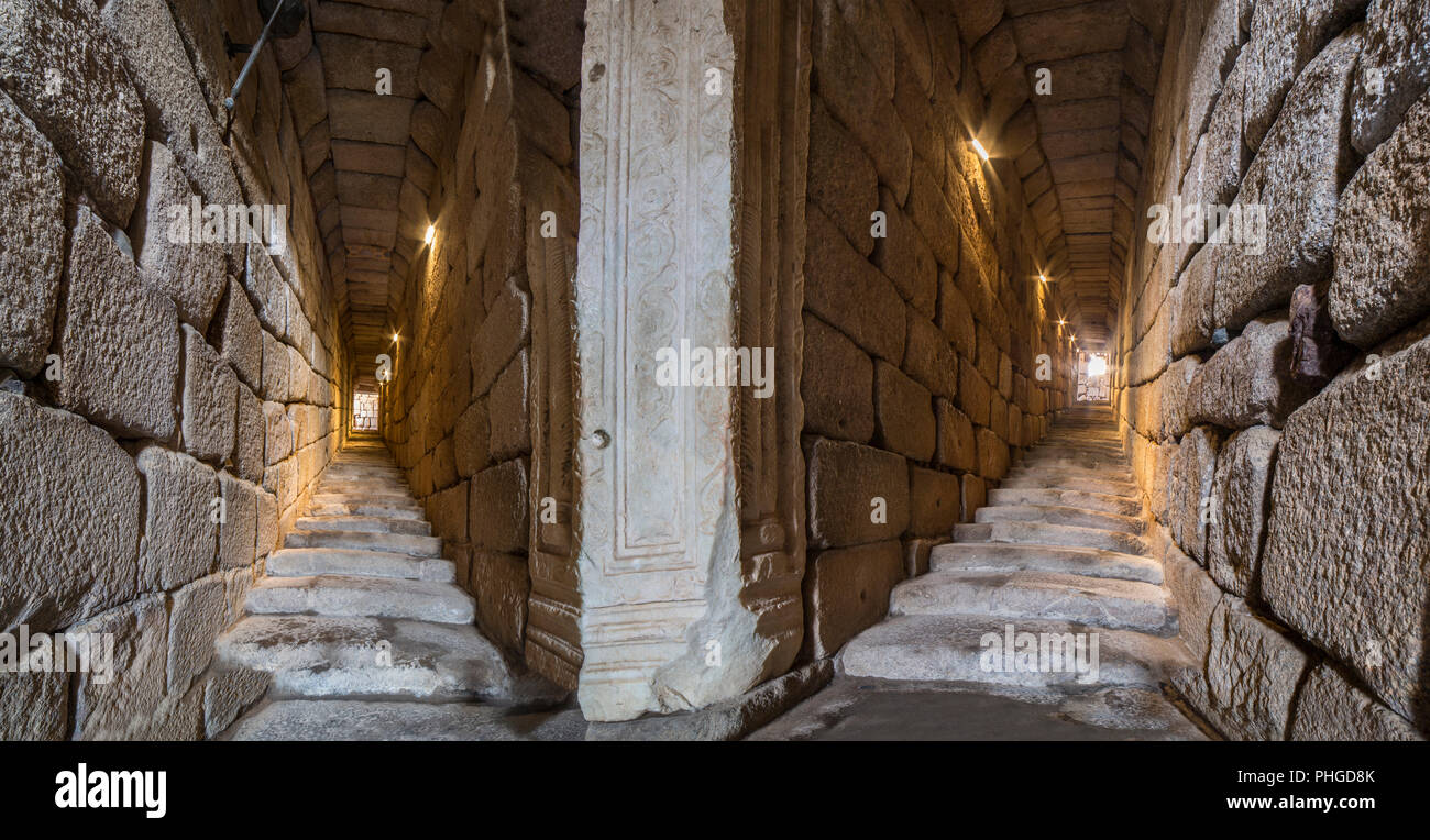 Both corridors of roman water cistern at Alcazaba arab citadel. Merida ...