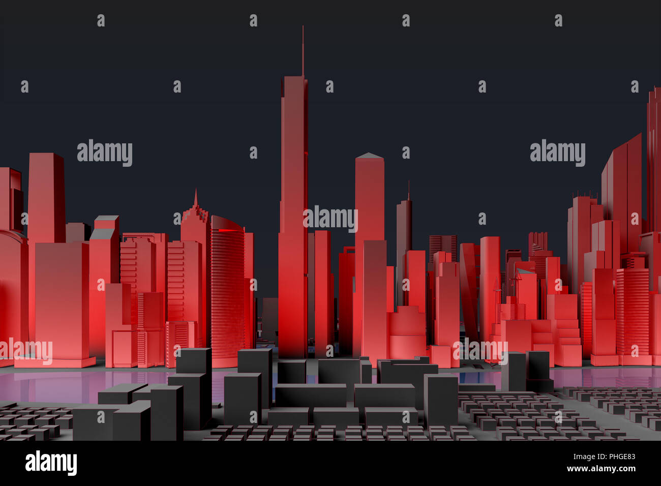 Simplified city with red illumination. 3d rendering Stock Photo - Alamy
