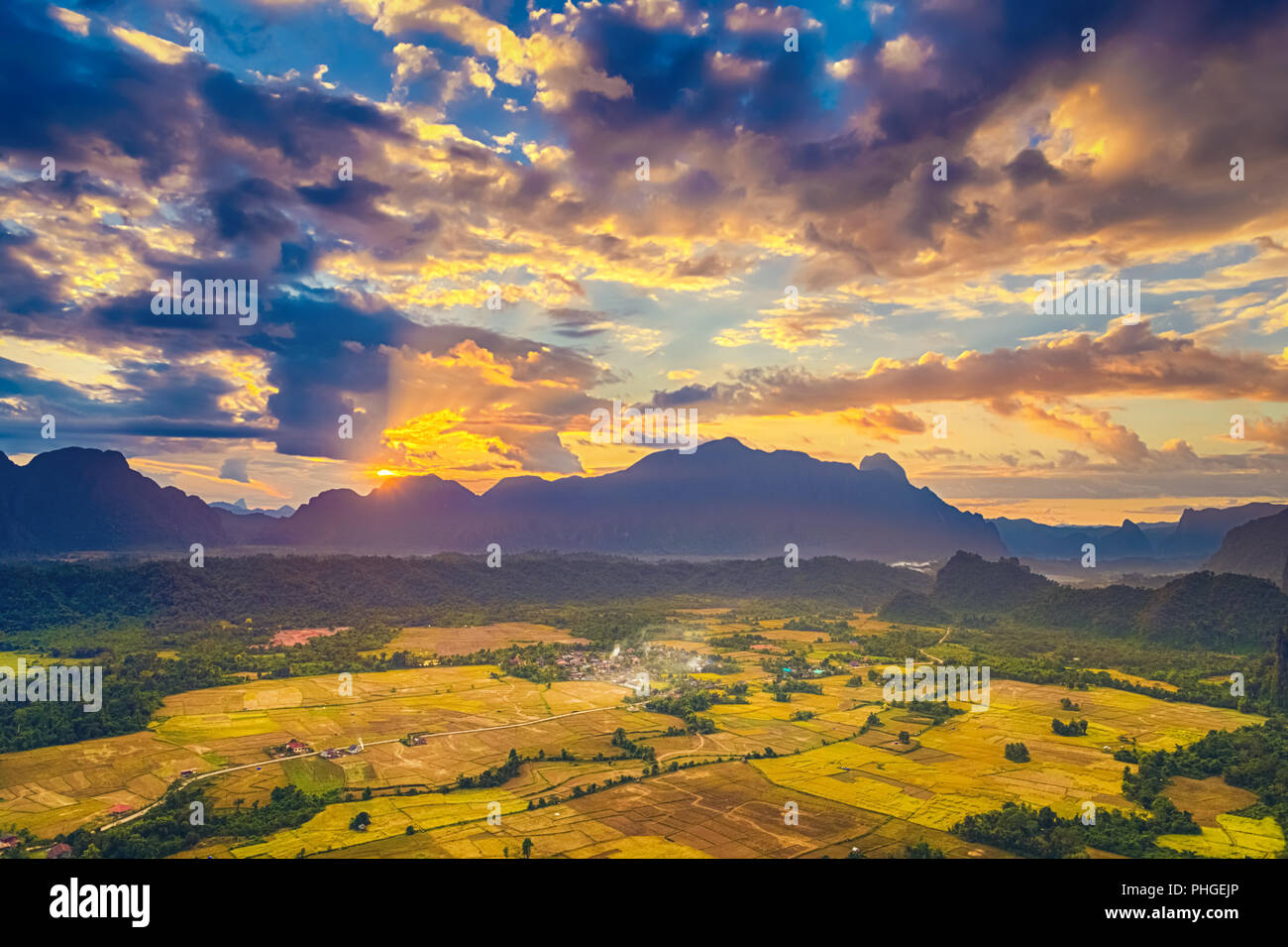 Aerial view of the fields and mountain. Beautiful landscape. Laos Stock ...