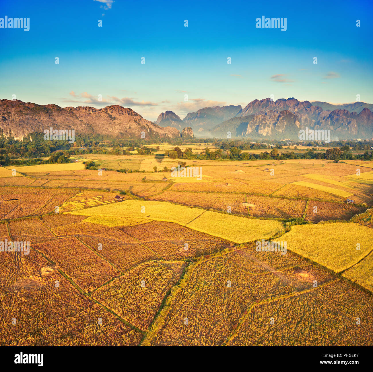 Aerial view of the fields and mountain. Beautiful landscape. Laos Stock ...