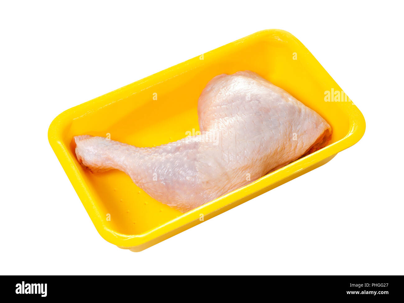 Raw chicken thigh in plastic container isolated on white background ...
