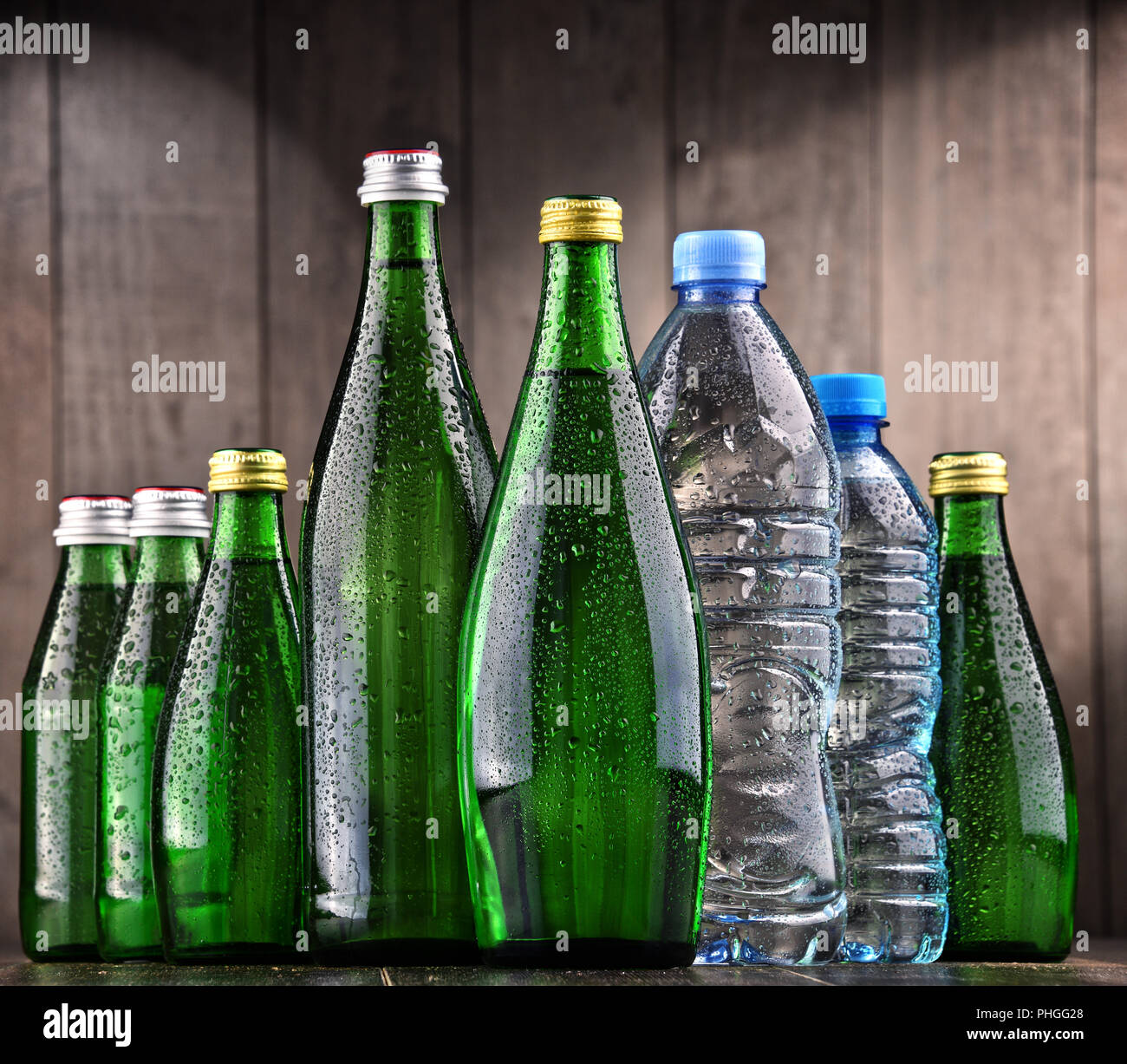 Composition with different sorts of bottles containing mineral water ...