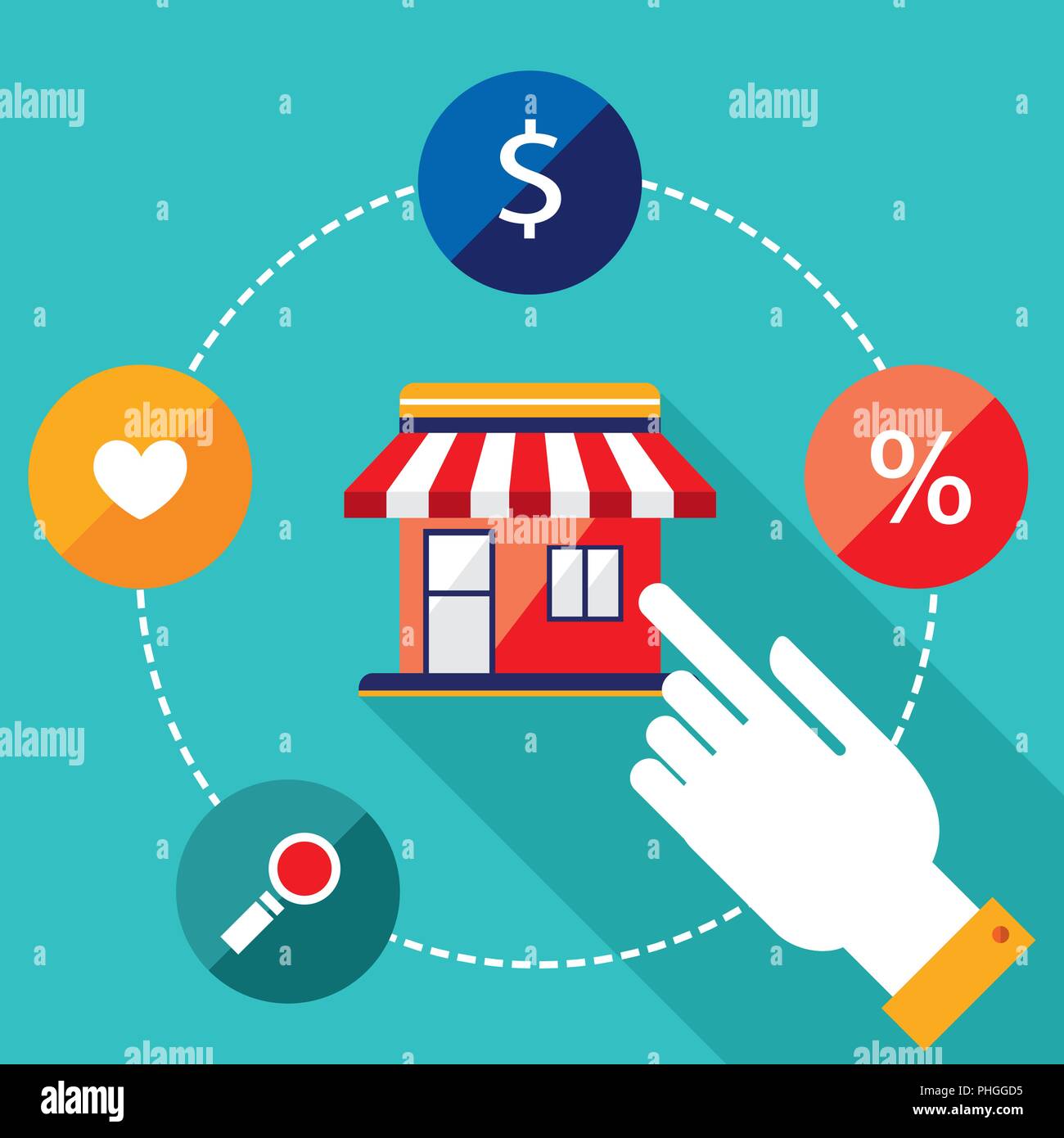 E-commerce concept. Person choosing a shop to buy, sell products Stock ...