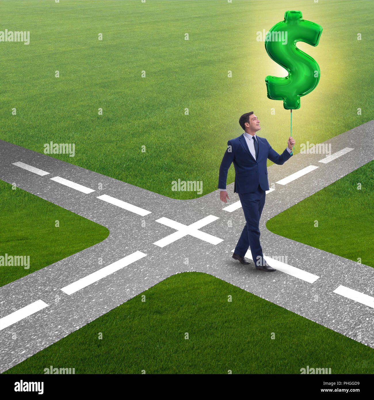 Businessman walking with inflatable dollar sign Stock Photo - Alamy