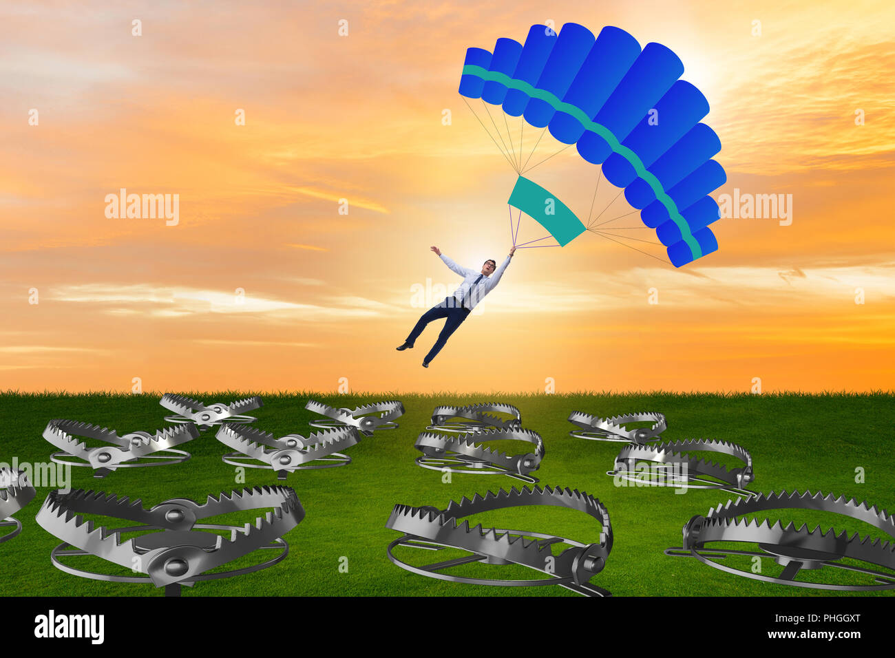 Businessman falling into trap on parachute Stock Photo - Alamy