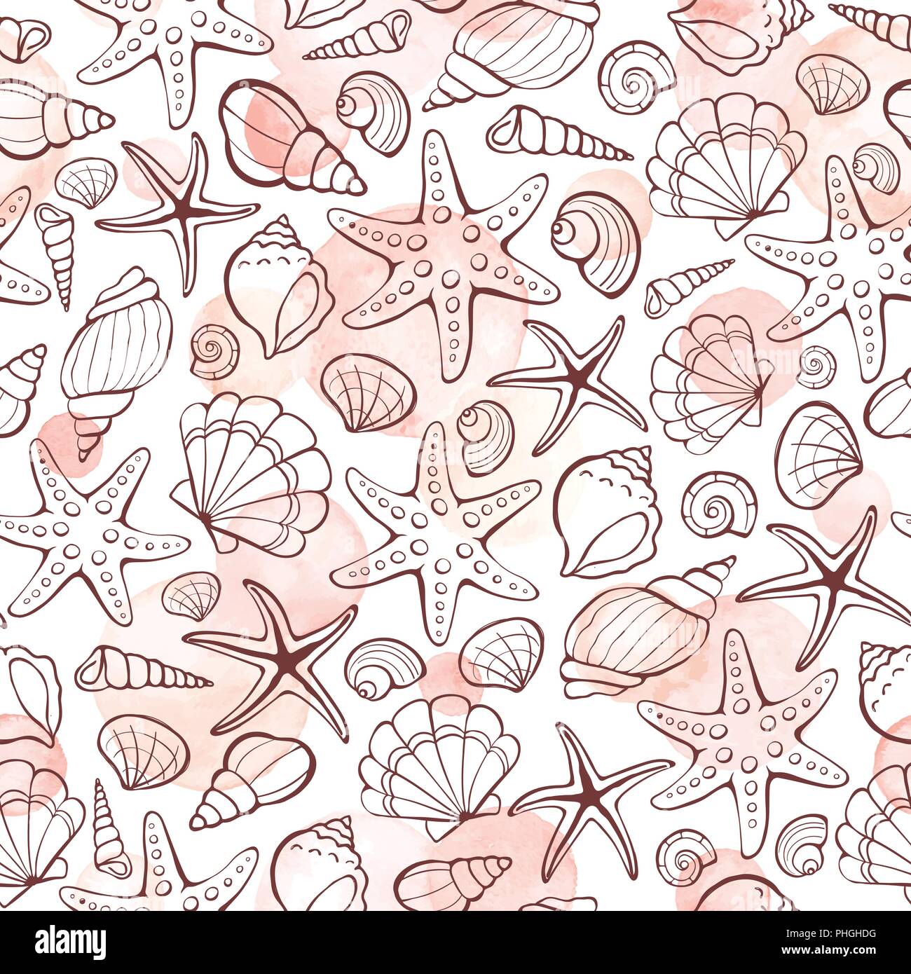 Marine seamless pattern from hand drawn sea shells and stars. Nautical ...