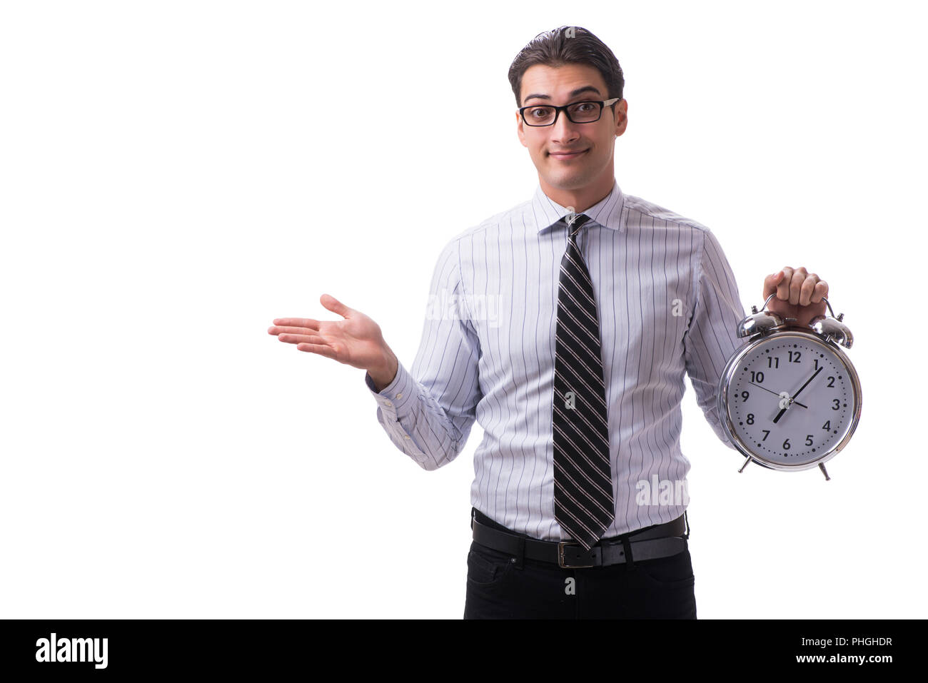Young businessman in time management concept on white background Stock ...