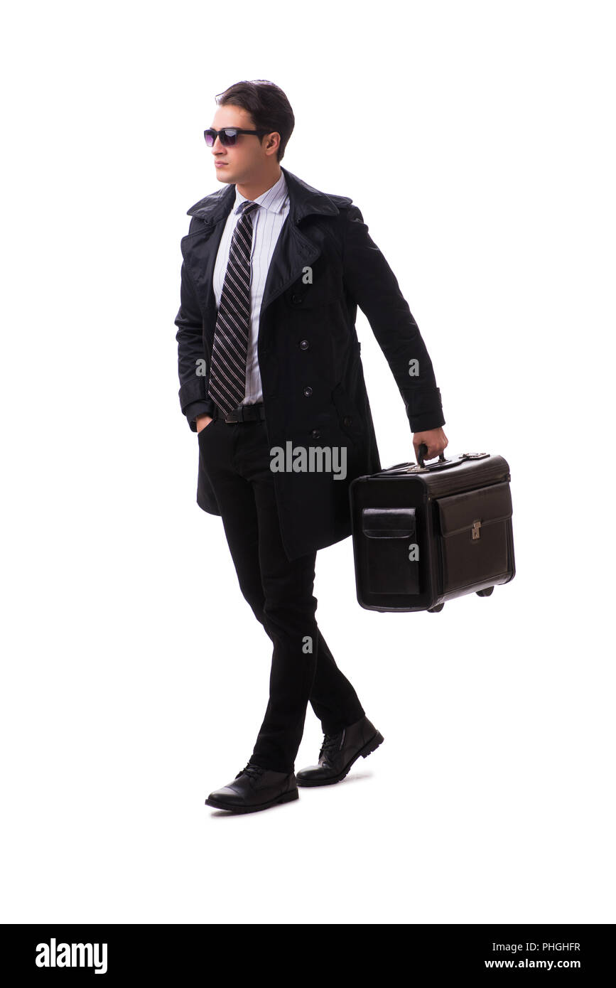 Young businessman with suitcase ready for business trip on white Stock ...