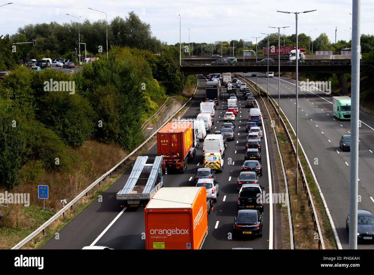traffic jam due to accident on M4 motorway at junction 12, road runs ...