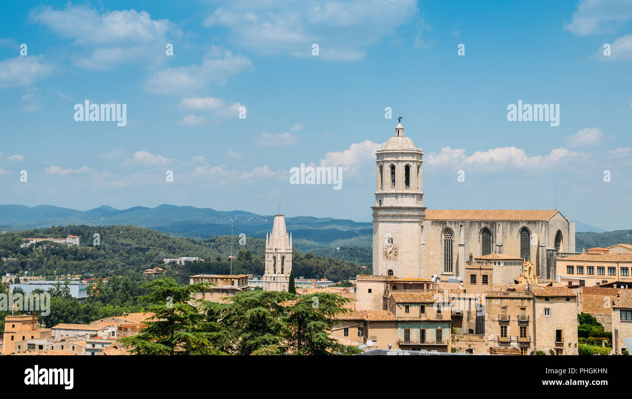 Aerial view of the Old Town of Girona, in Spain, seen from above ...