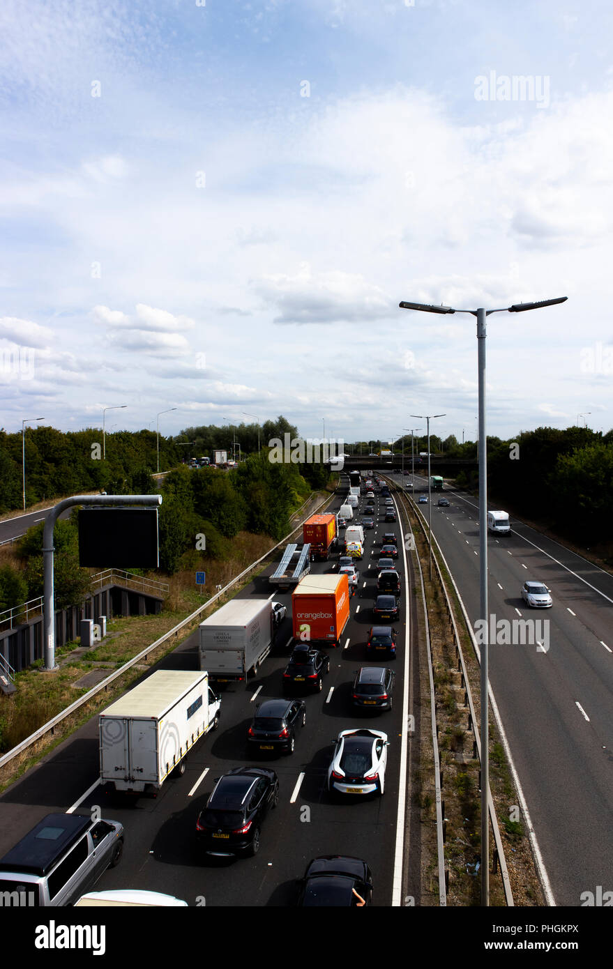 traffic jam due to accident on M4 motorway at junction 12, road runs ...
