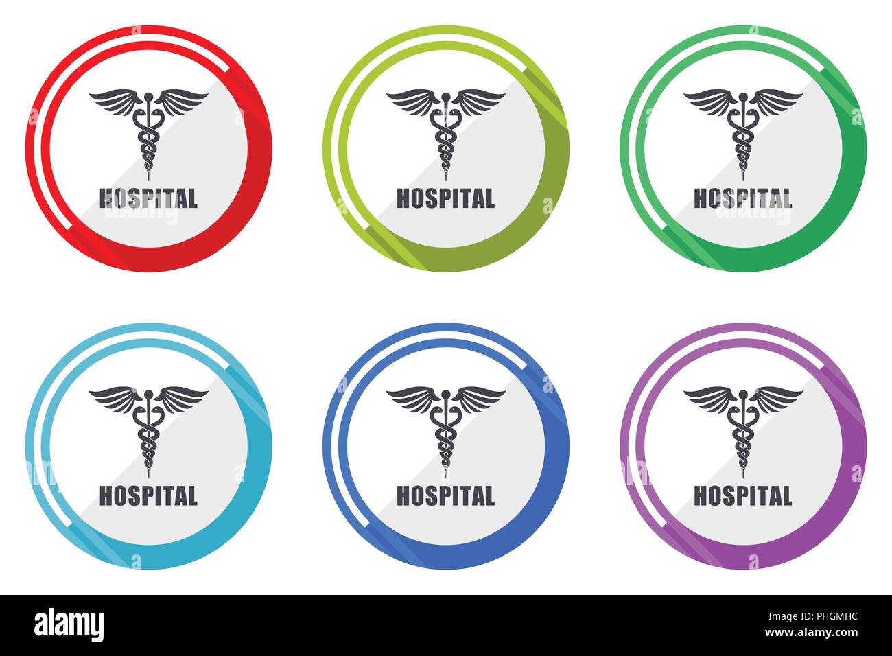 Hospital flat vector web icon set, colorful round internet buttons in ...