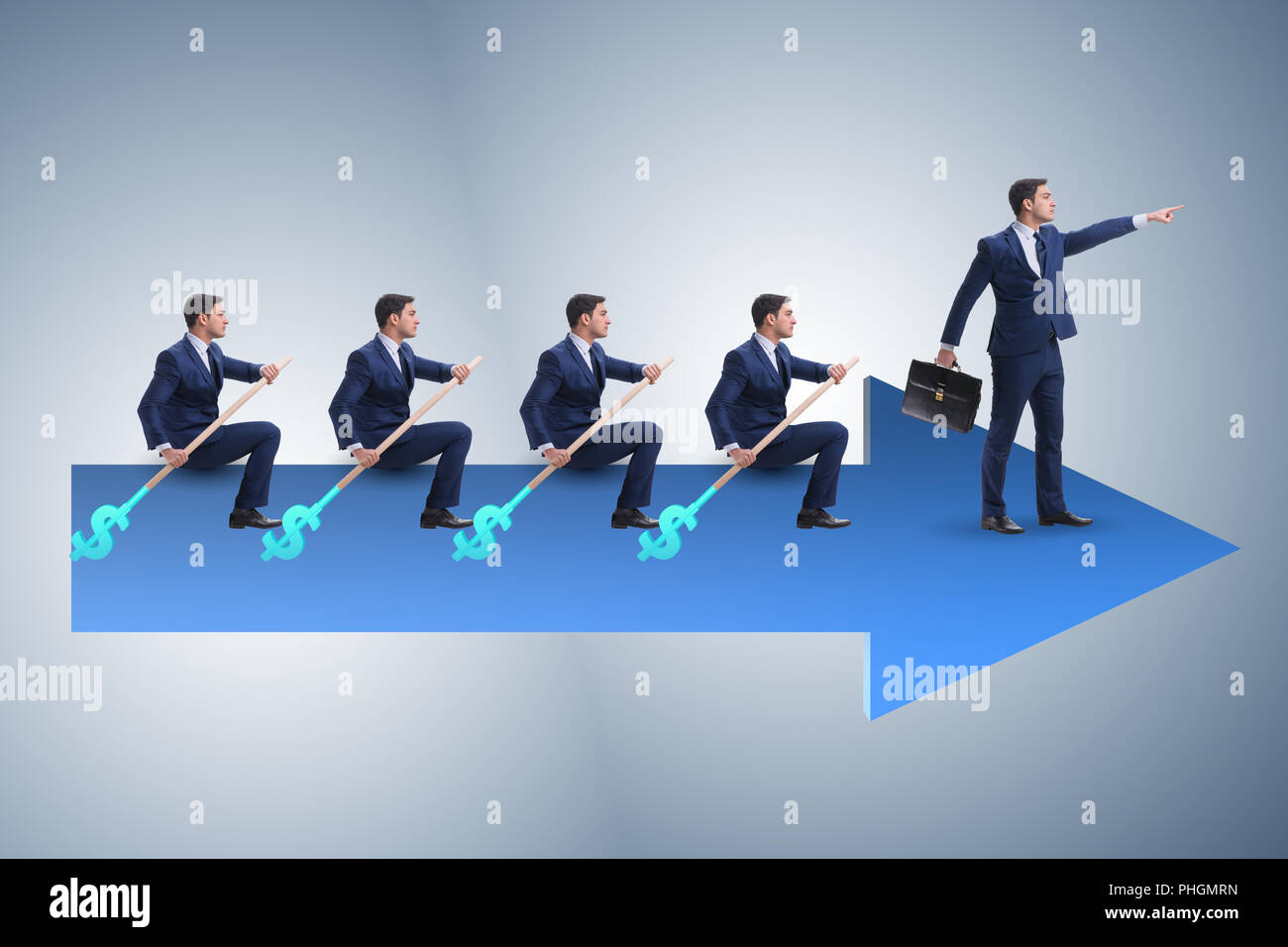Team of businessmen in teamwork concept with boat Stock Photo - Alamy