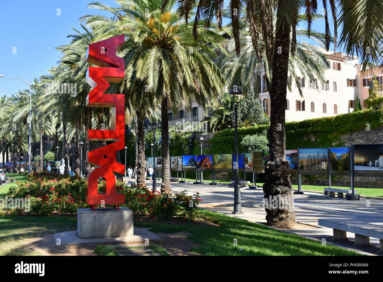 Vertical Palma street sign and pedestrian street, Palma de Mallorca ...