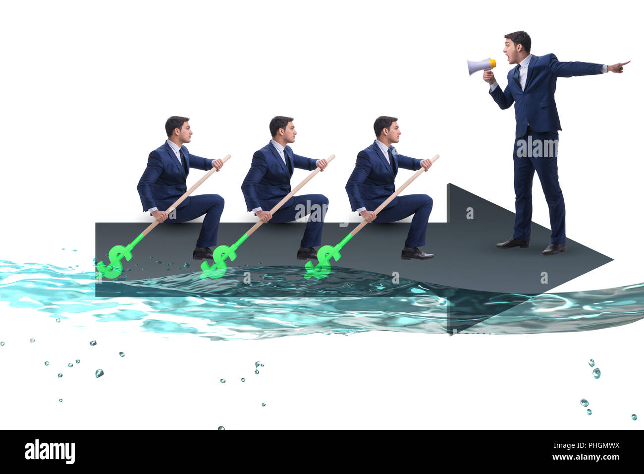 Teamwork concept with businessmen on boat Stock Photo - Alamy