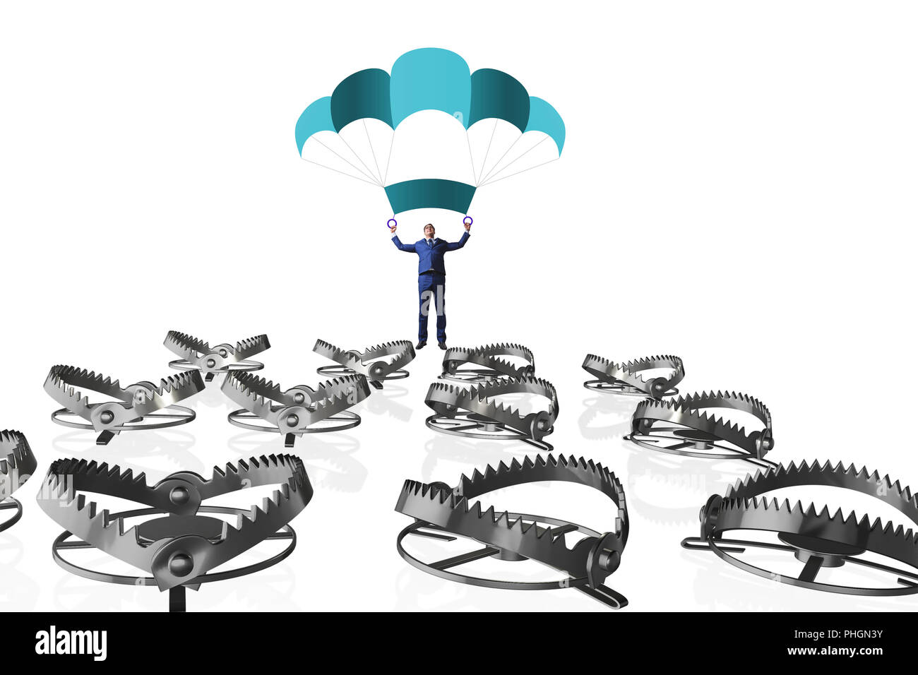 Businessman falling into trap on parachute Stock Photo - Alamy