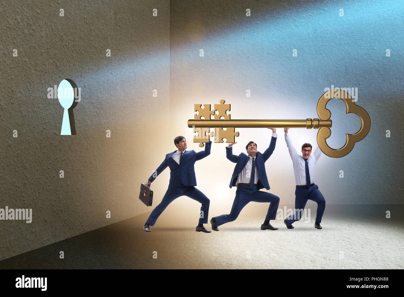 Businessmen with key having jigsaw puzzle elements Stock Photo - Alamy