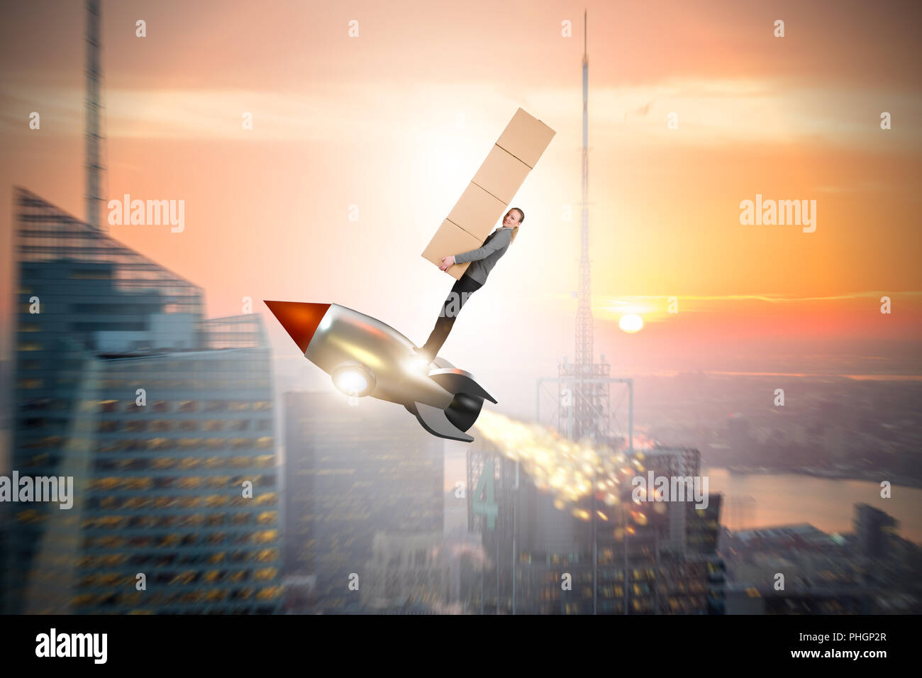Woman flying rocket and delivering boxes Stock Photo - Alamy