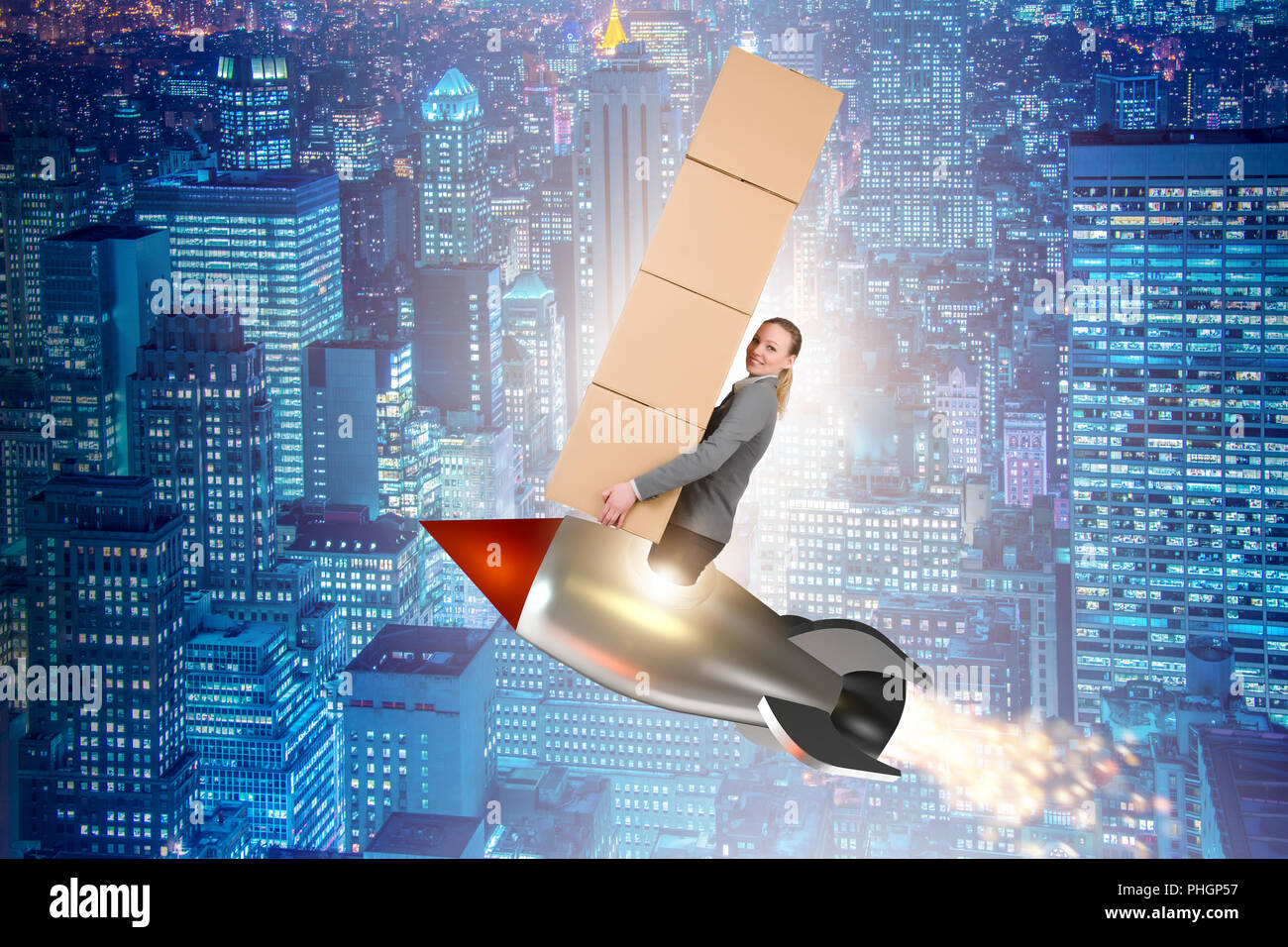 Woman flying rocket and delivering boxes Stock Photo - Alamy
