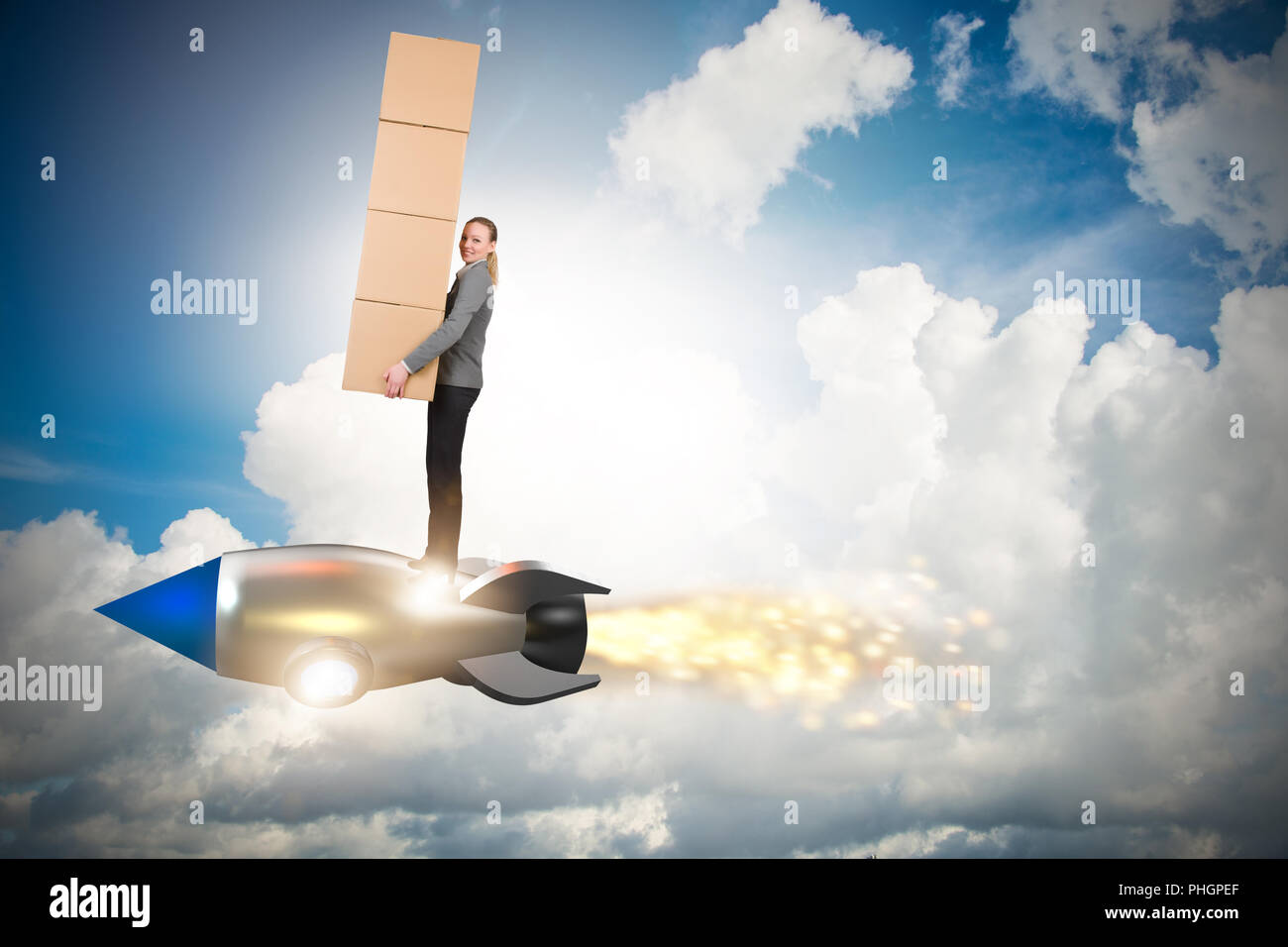 Woman flying rocket and delivering boxes Stock Photo - Alamy