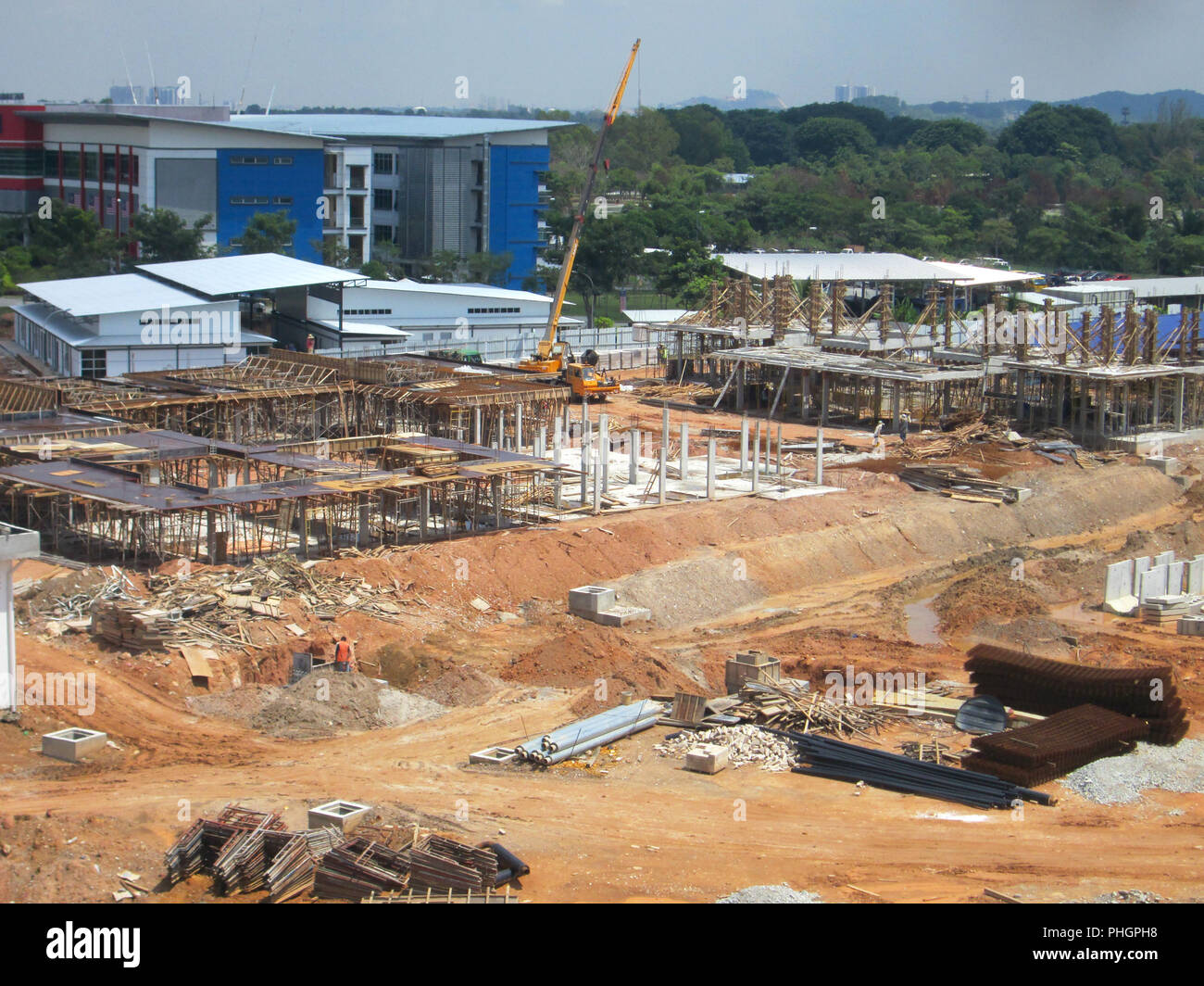 An aerial image of the construction site where the column is actively ...