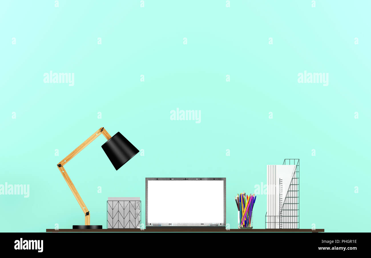 Notebook computer display for mock up on working table with copy space background for text, 3D ...