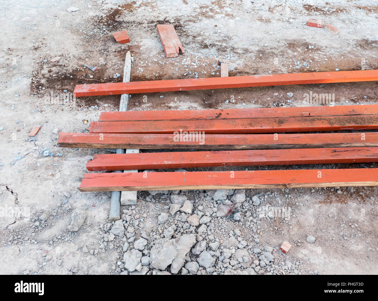 Small timber pile is coating with the red lacquer for protect from the ...