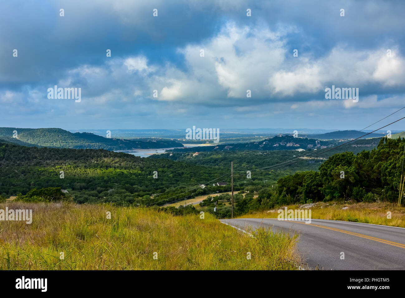 Country Back Road in the Texas Hill Country Overlooking a Lake outside ...