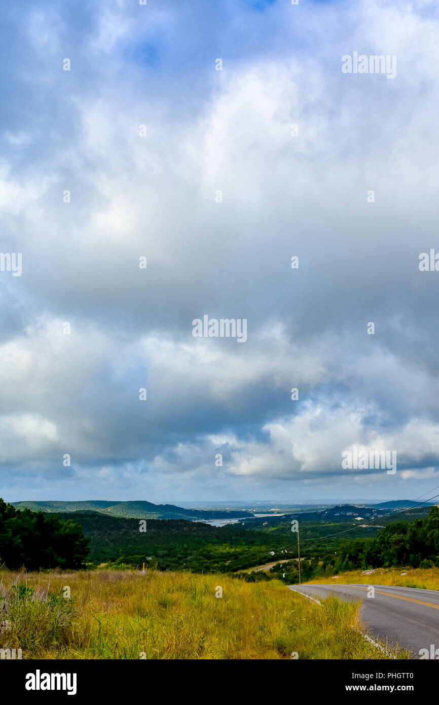 Country Back Road in the Texas Hill Country Overlooking a Lake outside ...