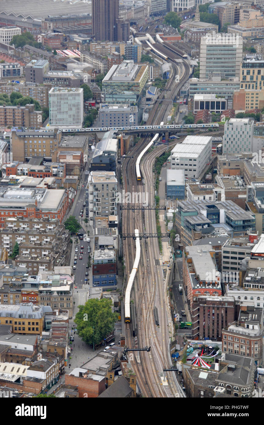 Train lines into London Bridge station, looking West from the Shard ...