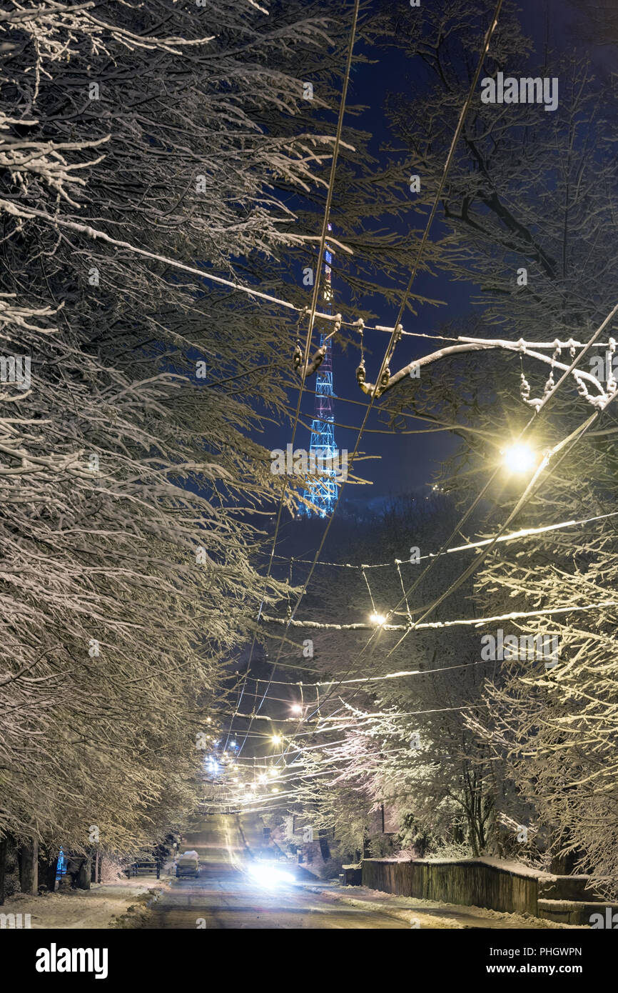Night winter Lviv street and TV tower, Ukraine Stock Photo - Alamy